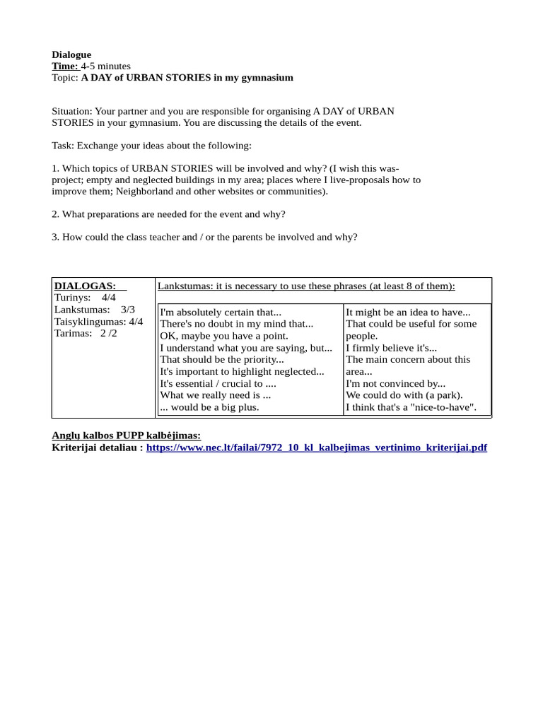 Unit 2. a Dialogue Task. Requirements and Criteria | PDF