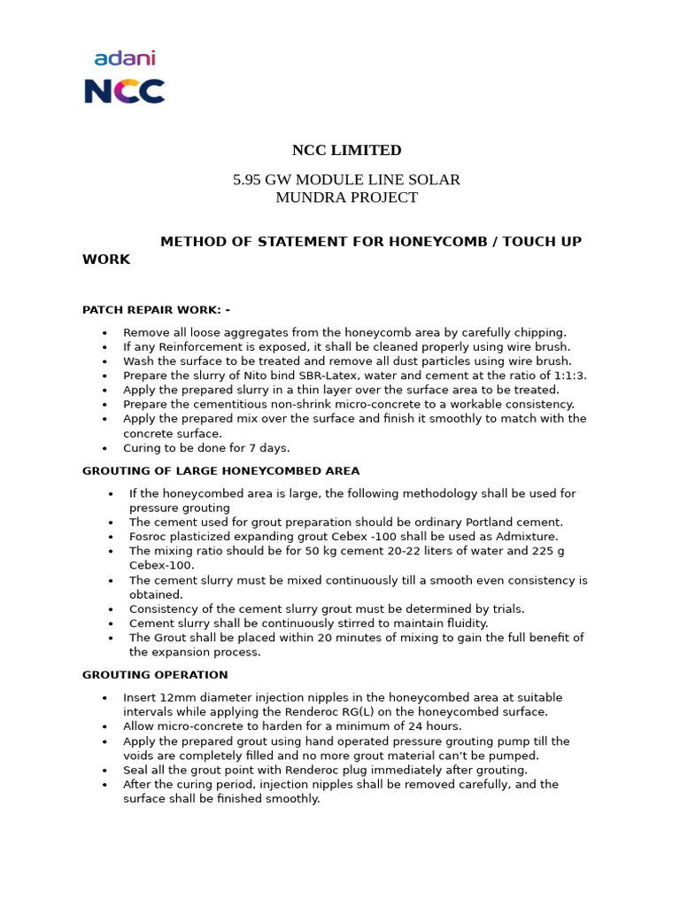 Method of Statement for Honeycomb | PDF | Concrete | Cement