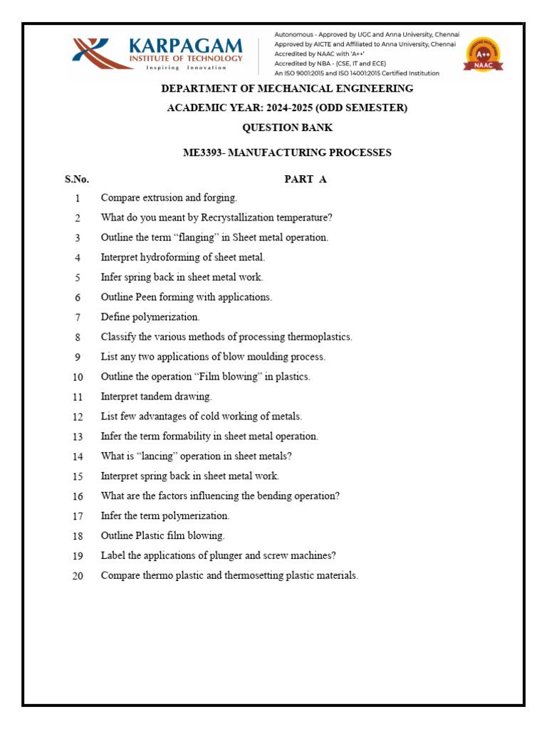 Manufacturing Processes Question Bank CIA II. | PDF | Plastic ...