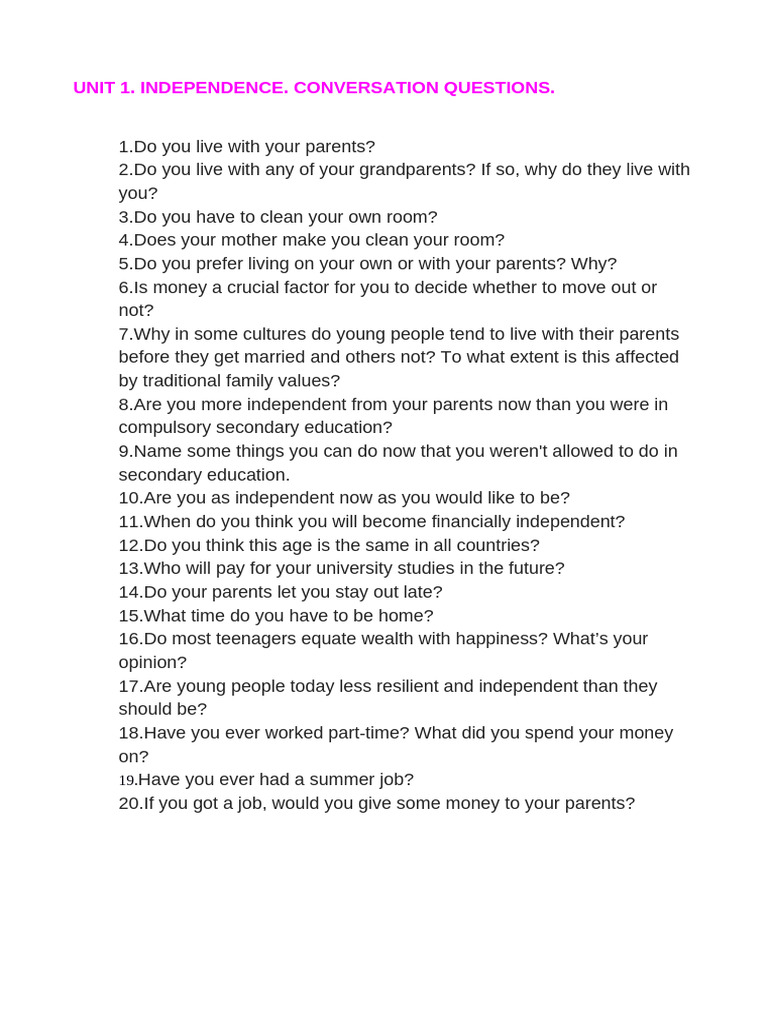 Independence Conversation Questions | PDF