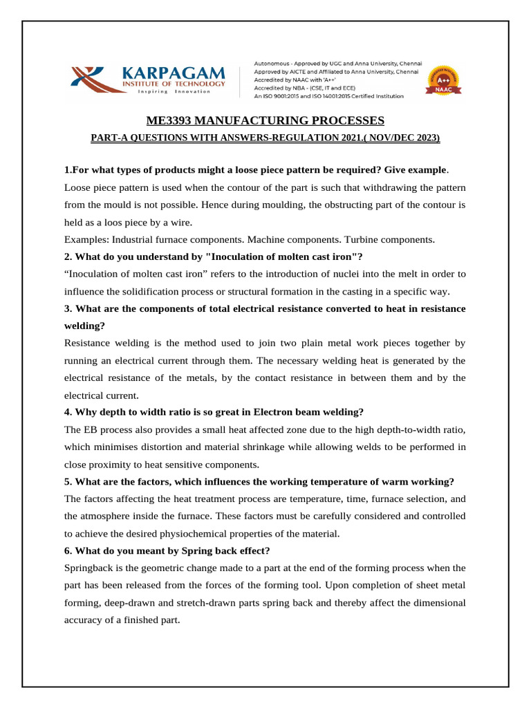 Me3393 MP Univ 2 Marks 2023 | PDF | Welding | Construction