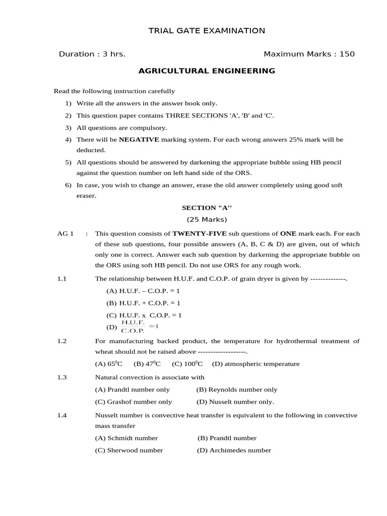 Agricultural Engineering Trial Exam | PDF | Heat Transfer | Plough