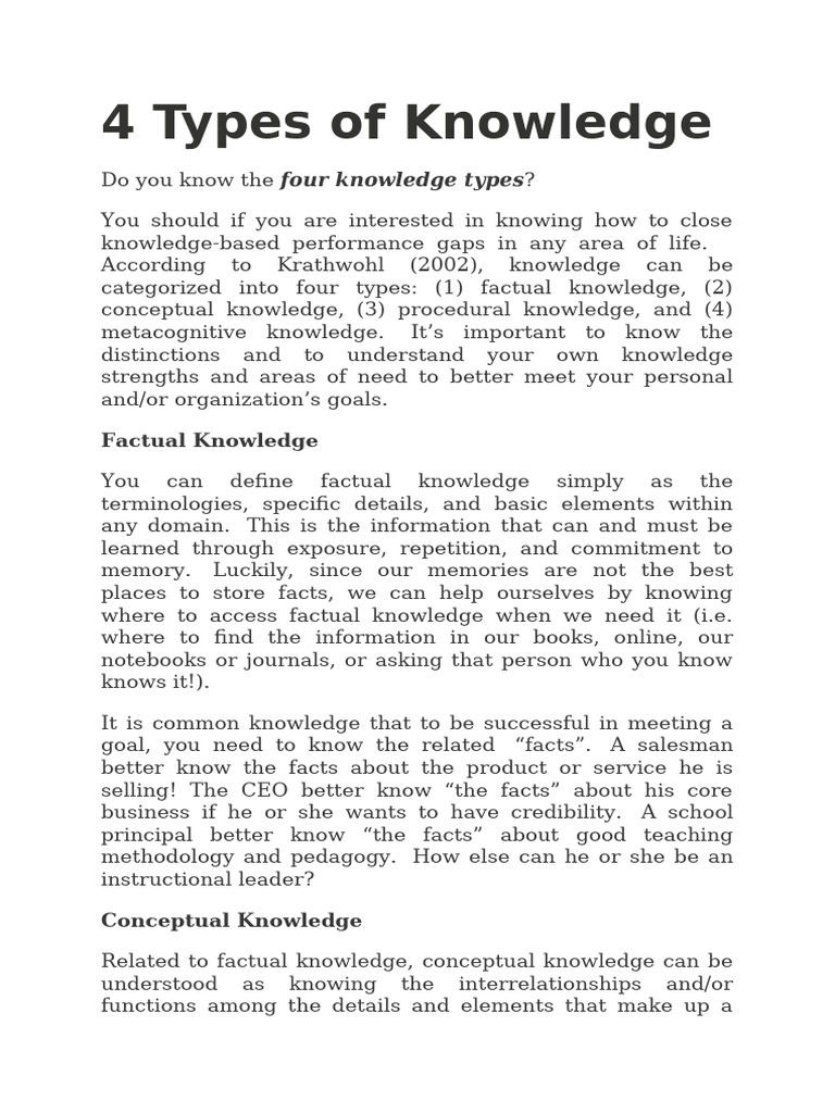 4 Types of Knowledge | PDF | Knowledge | Procedural Knowledge