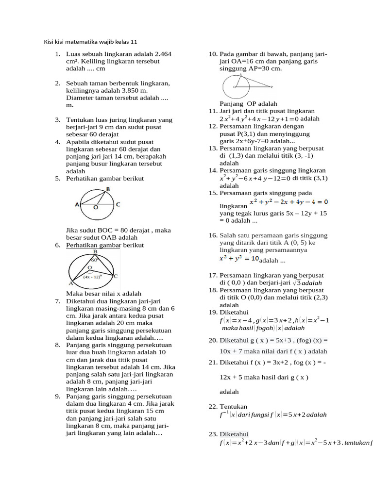 Kisi Kisi Matematika Wajib Kelas 11 | PDF