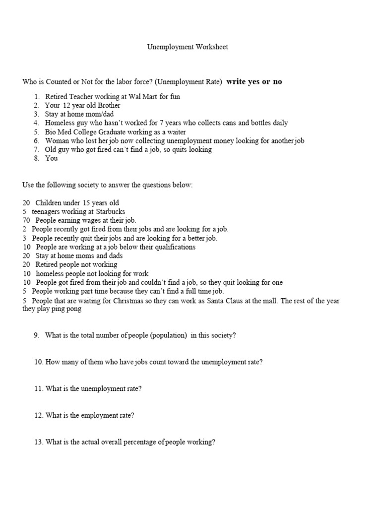 Unemployment Rate Calculation Worksheet | PDF
