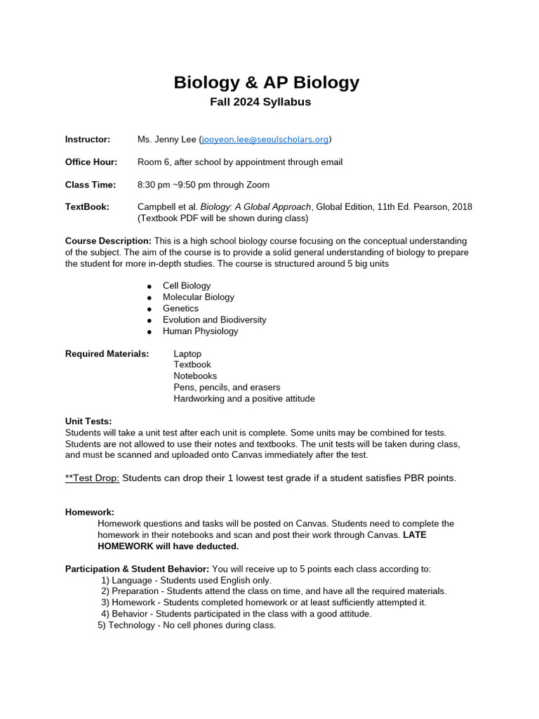 Fall 2024 Biology Syllabus | PDF