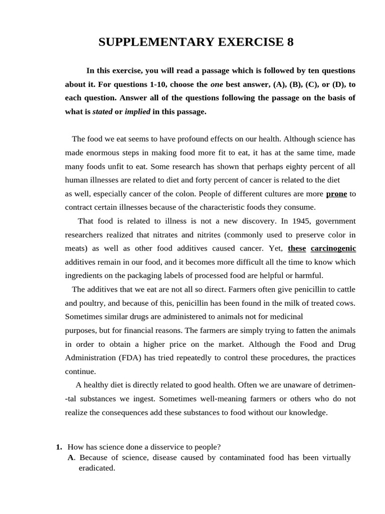 SUPPLEMENTARY Exercise 8 - Unit 8 | PDF | Meat | Foods