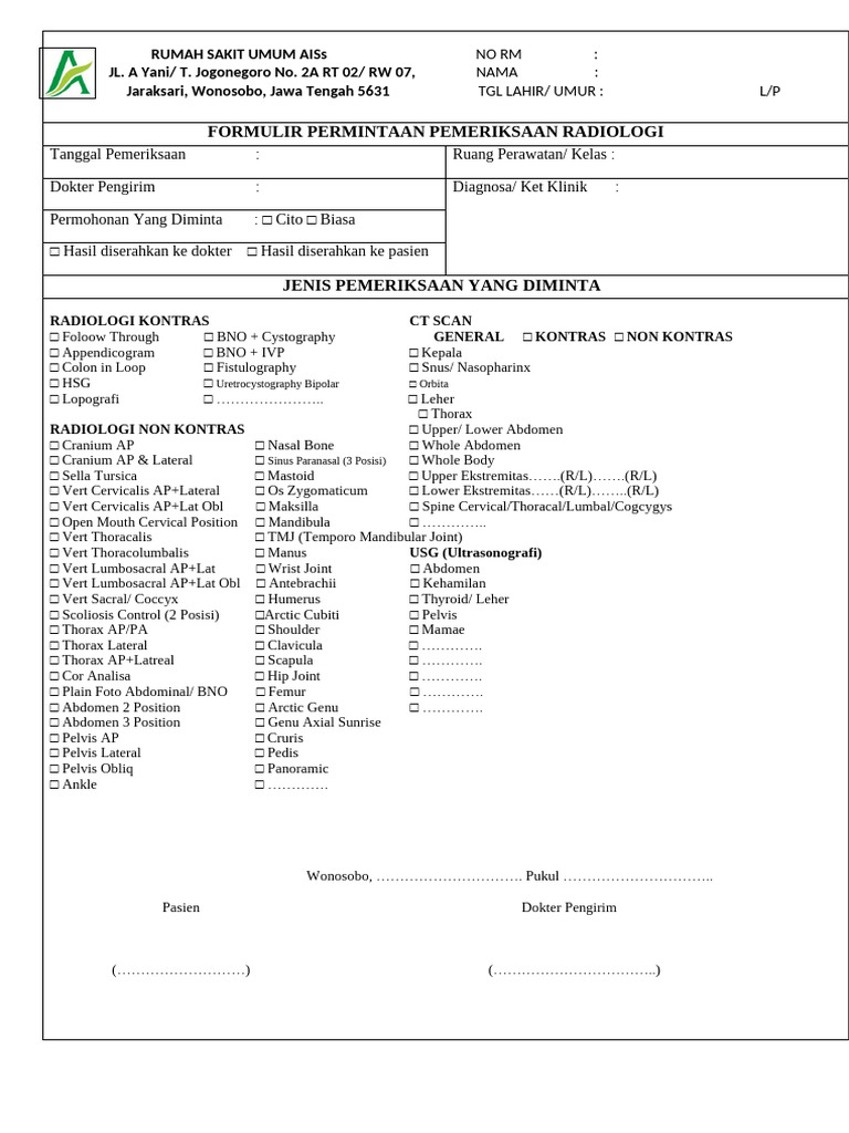 Formulir Permintaan Pemeriksaan Radiologi. | PDF
