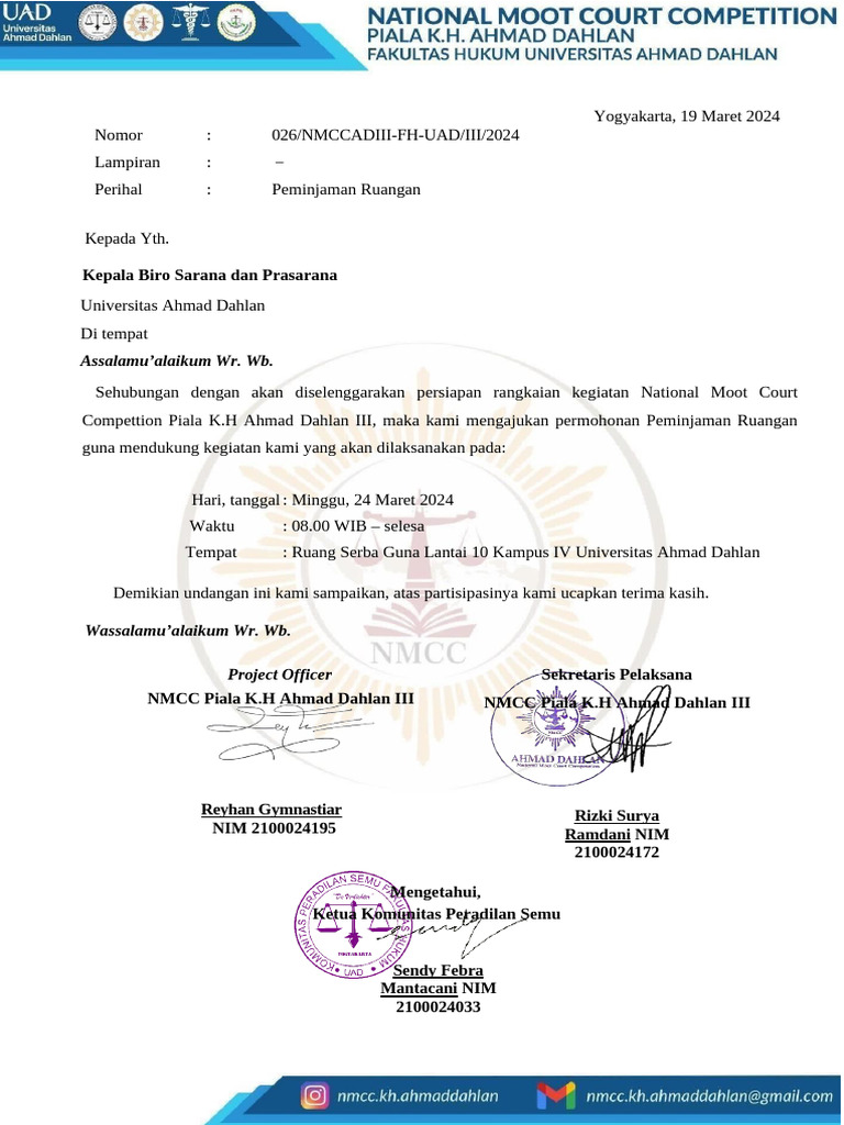 026 Surat Peminjaman Ruangan NMCC | PDF