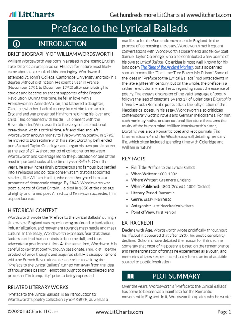 Preface To The Lyrical Ballads LitChart | PDF | William Wordsworth | Poetry