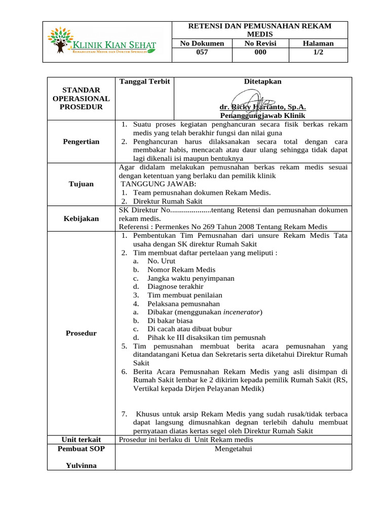 057 SOP RETENSI DAN PEMUSNAHAN REKAM MEDIS | PDF