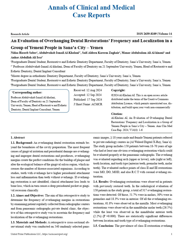 An Evaluation of Overhanging Dental Restorations' Frequency and ...