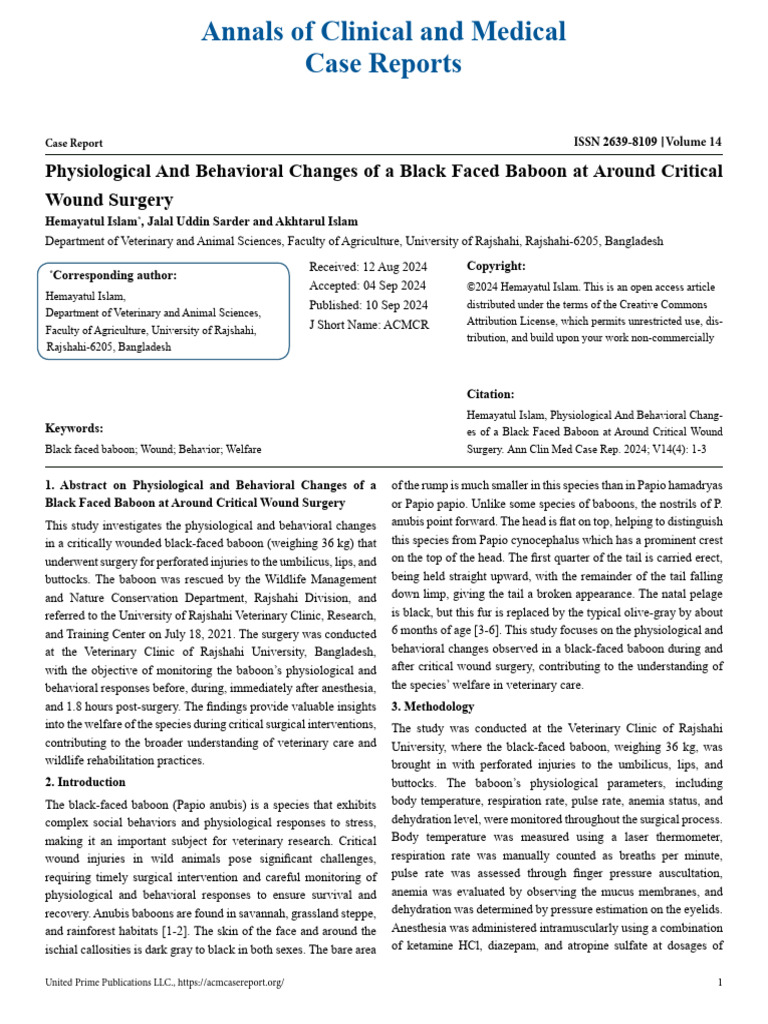 Physiological and Behavioral Changes of A Black Faced Baboon at Around ...