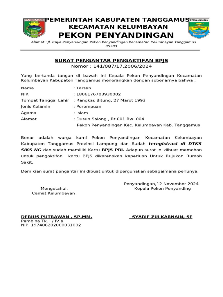 Surat Pengantar Pengaktifan BPJS | PDF