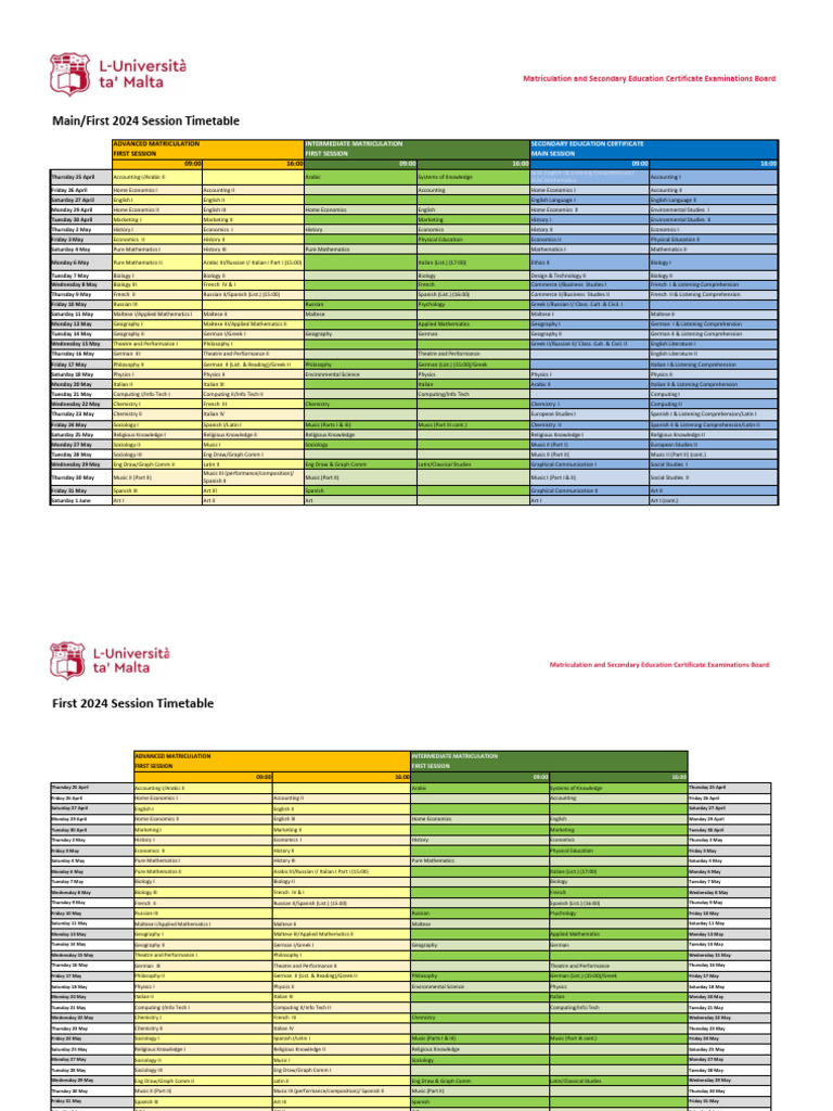 Matsec Main Firsttimetable2024final | PDF | Science