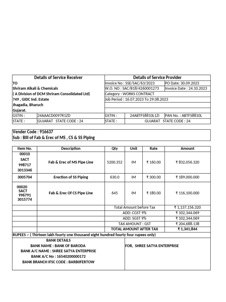 Invoice for Piping Fabrication Services | PDF | Taxation | Payments