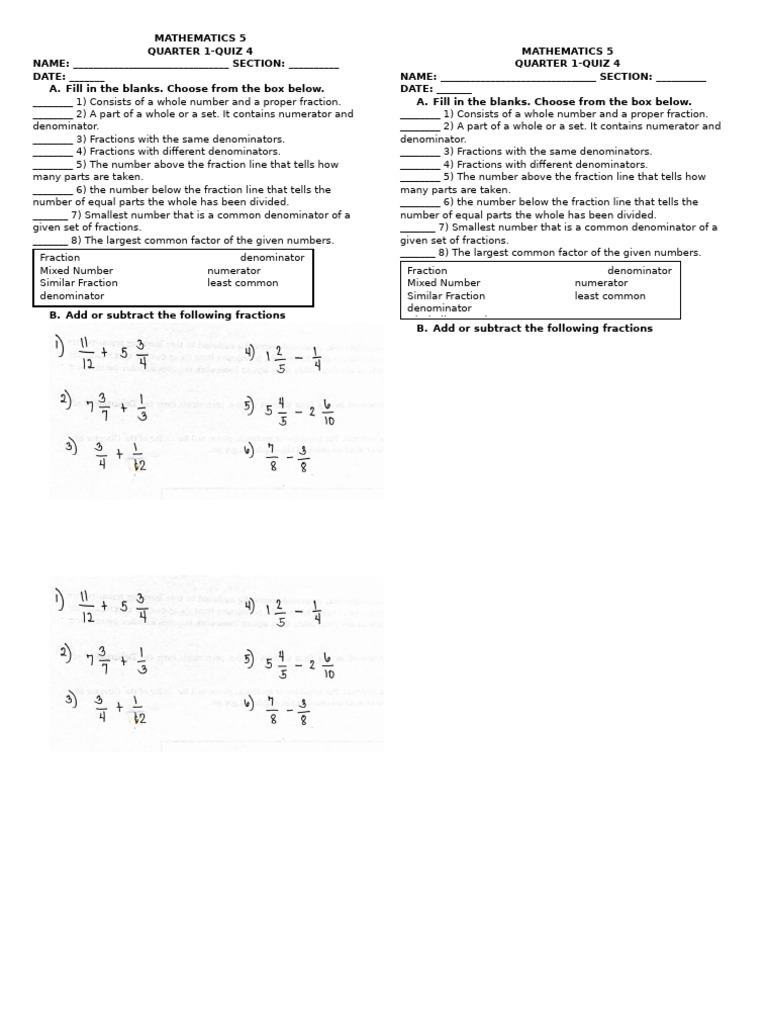Grade 5 Math Fraction Quiz | PDF | Mathematical Concepts | Algebra