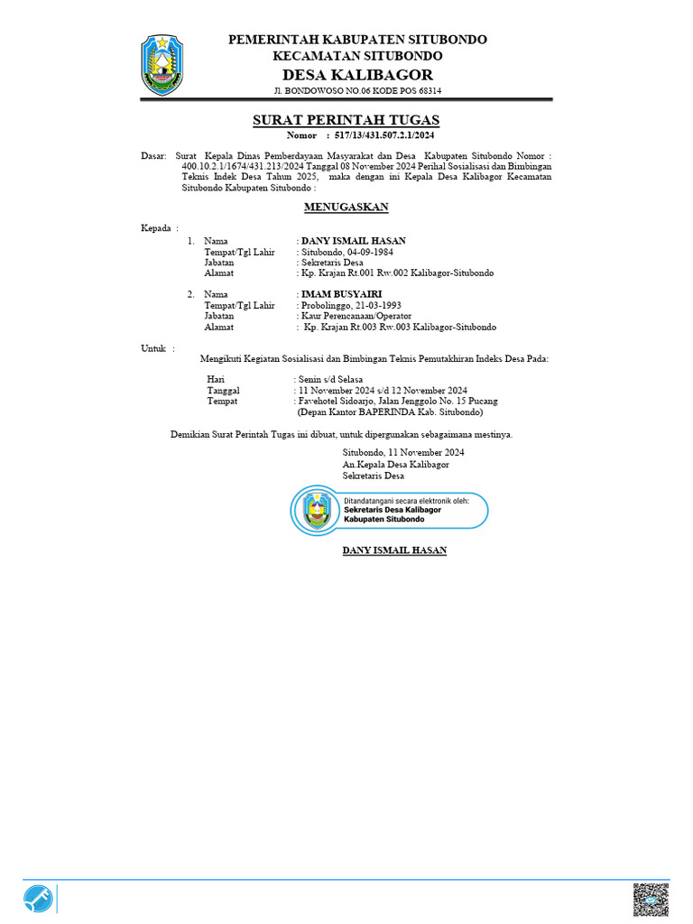 Surat Tugas Indeks Desa | PDF