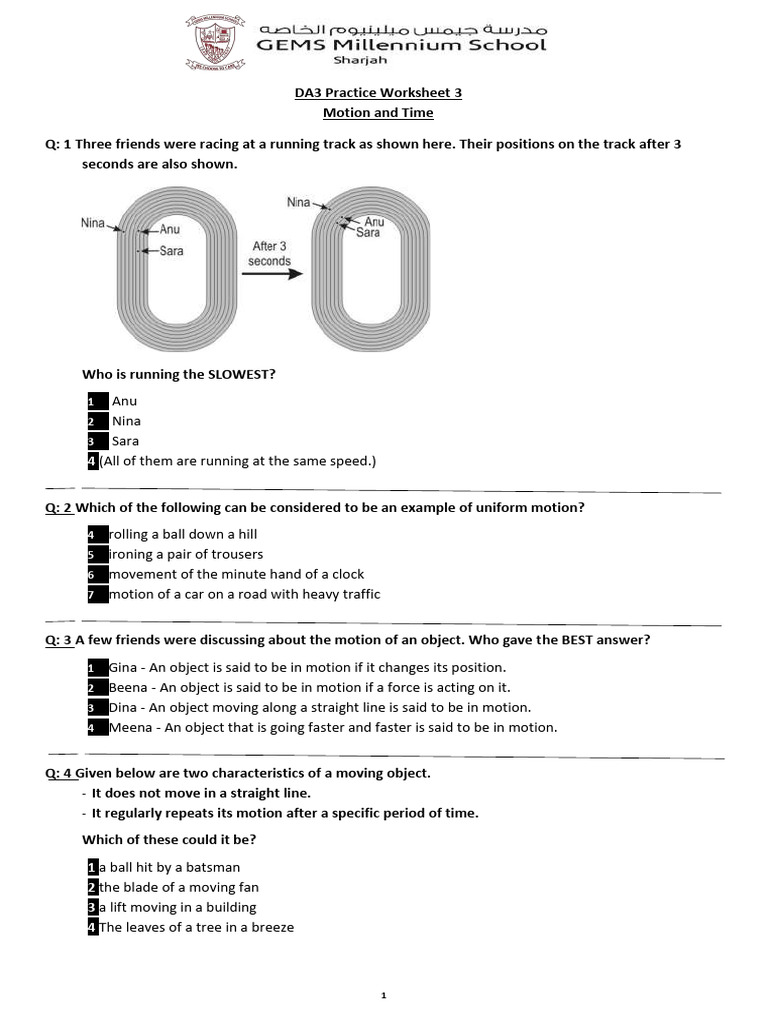 DA3 Practice Worksheet 3 - Motion and Time | PDF | Pendulum | Motion ...