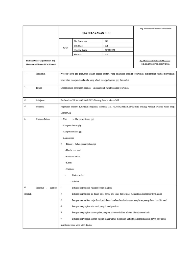 1. Sop Pra Pelayanan Gigi | PDF