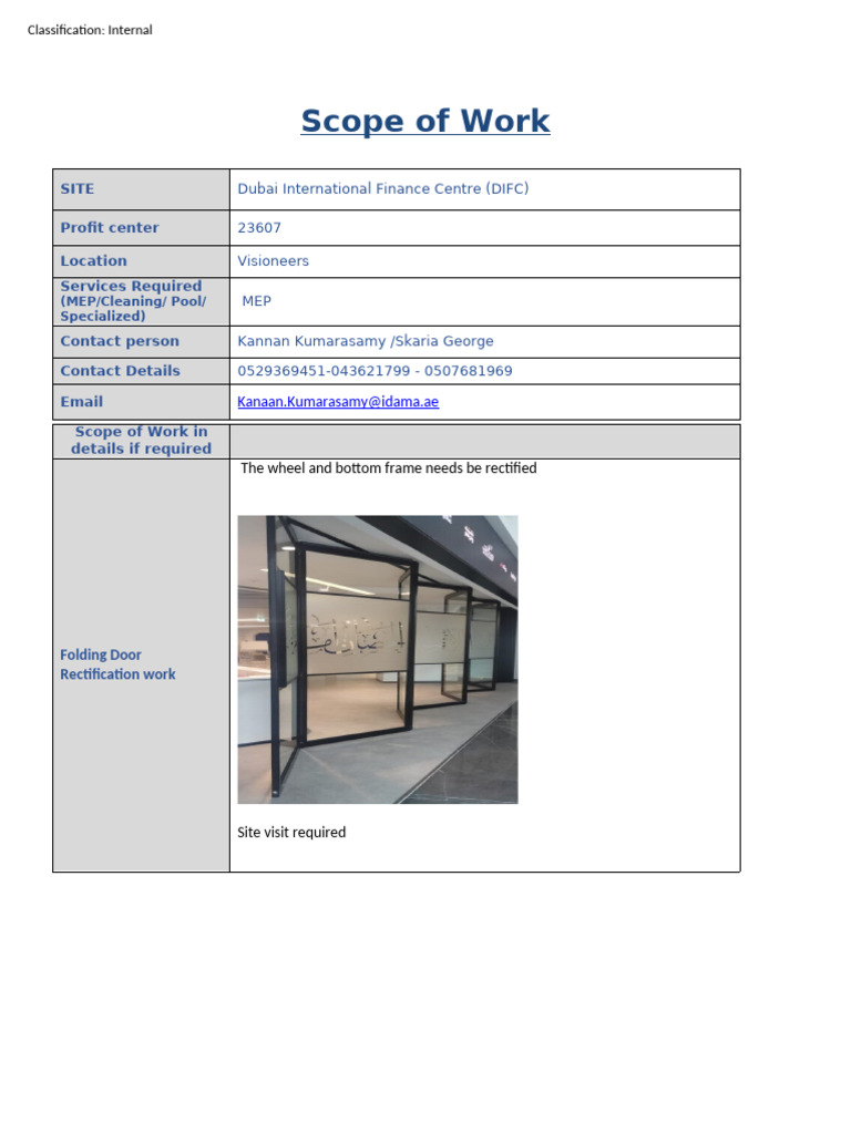 Visioneers - SOW - Folding Door Rectification Work | PDF