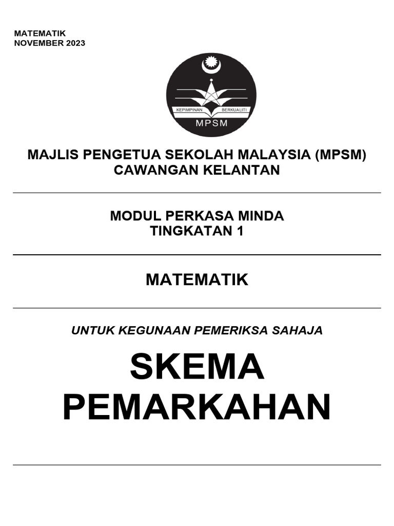 Skema Pemarkahan Matematik Ting. 1 | PDF