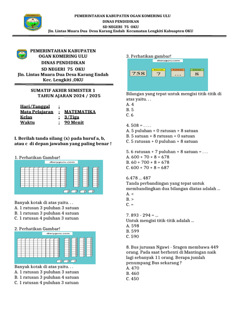 ULANGAN SEMESTER 1 KELAS 3 2024-2025 | PDF