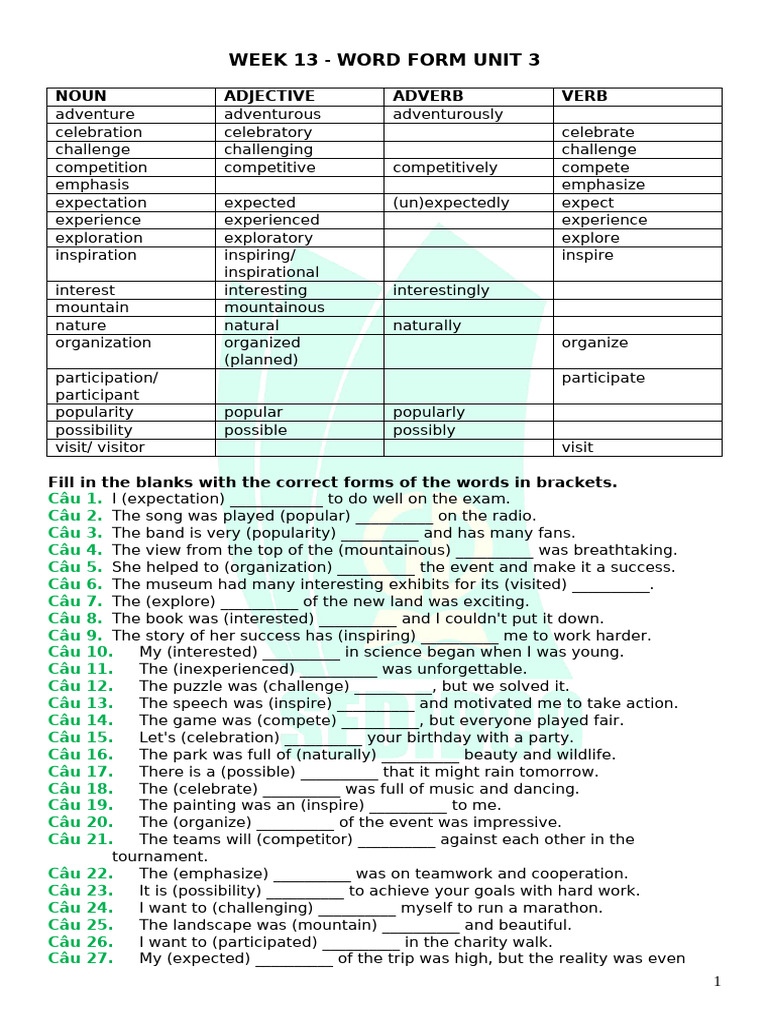 Tieng Anh 8 Friends Plus - Word Form - Unit 3 | PDF | Adverb | Languages