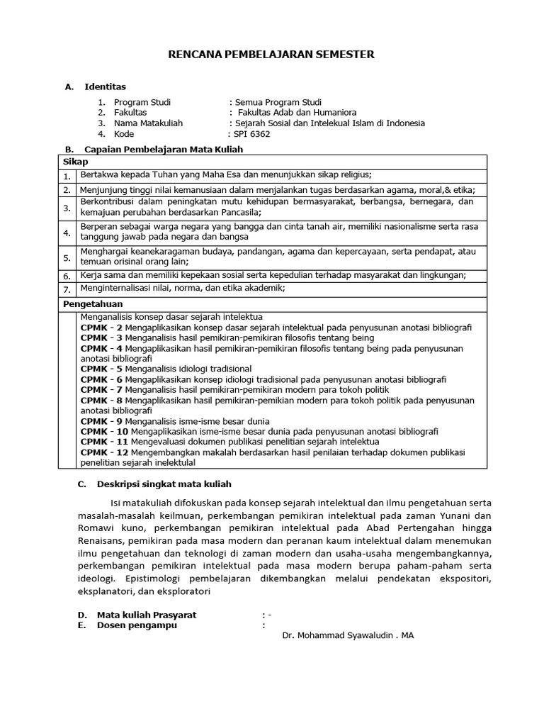 RPS Sejarah Sosial Dan Intelektual Islam Di Indonesia SPI | PDF