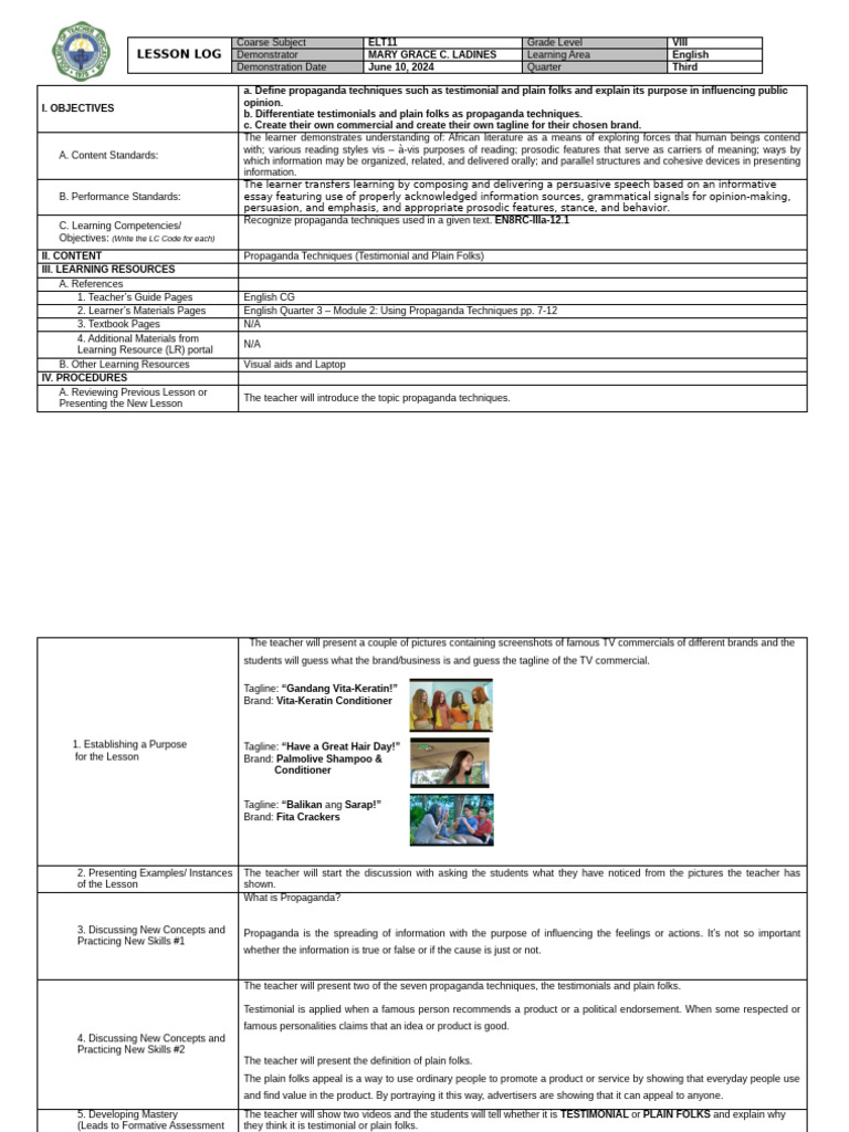ELT11-Lesson-Log_revise | PDF | Propaganda | Learning