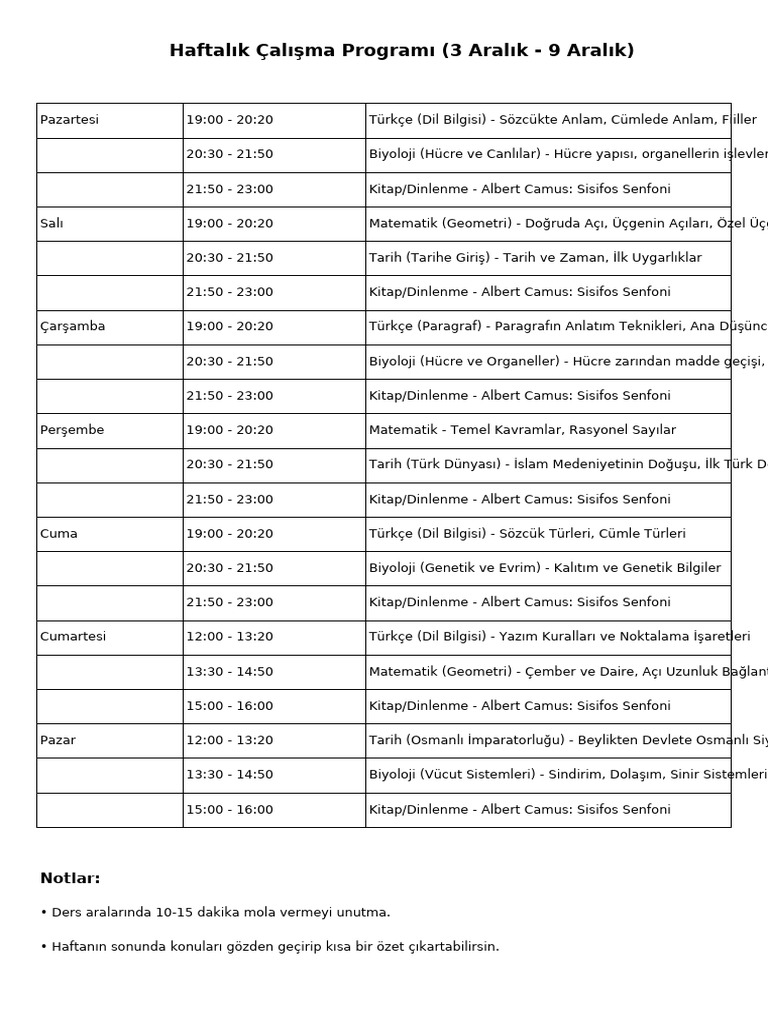 Haftalik Calisma Programi | PDF