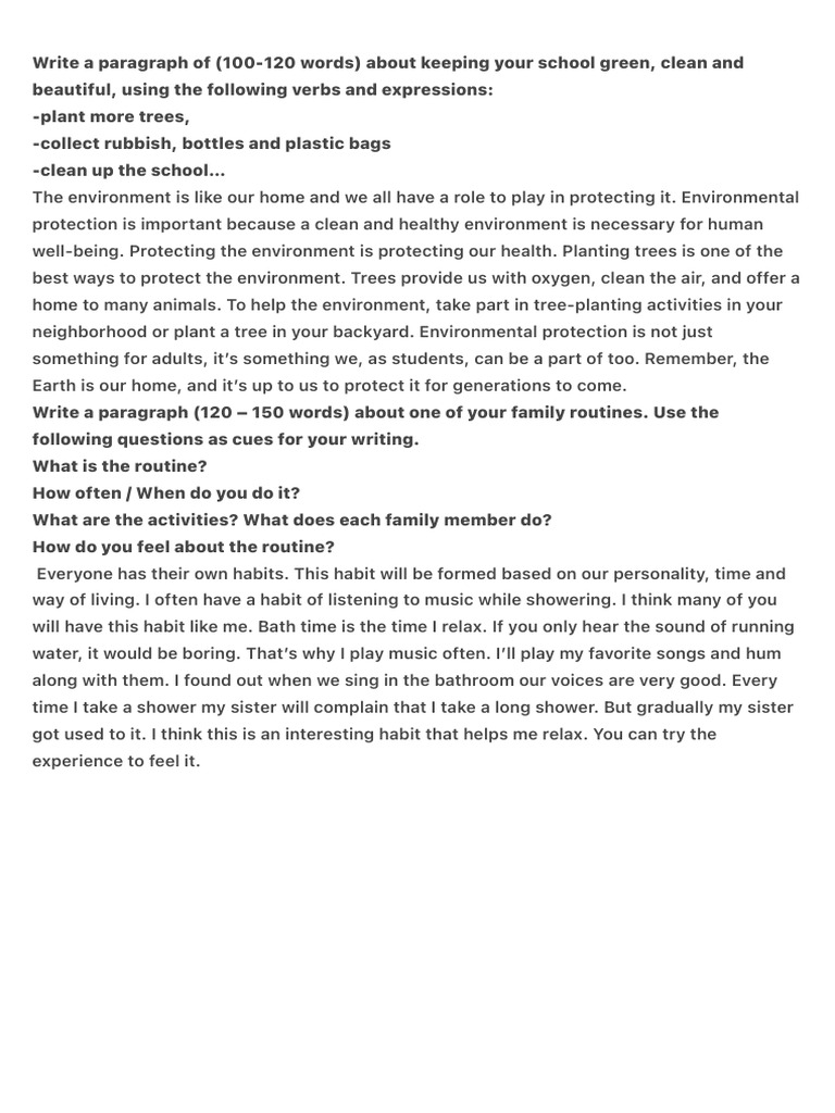 Write A Paragraph of (100-120 Words) About Keeping Your School Green | PDF