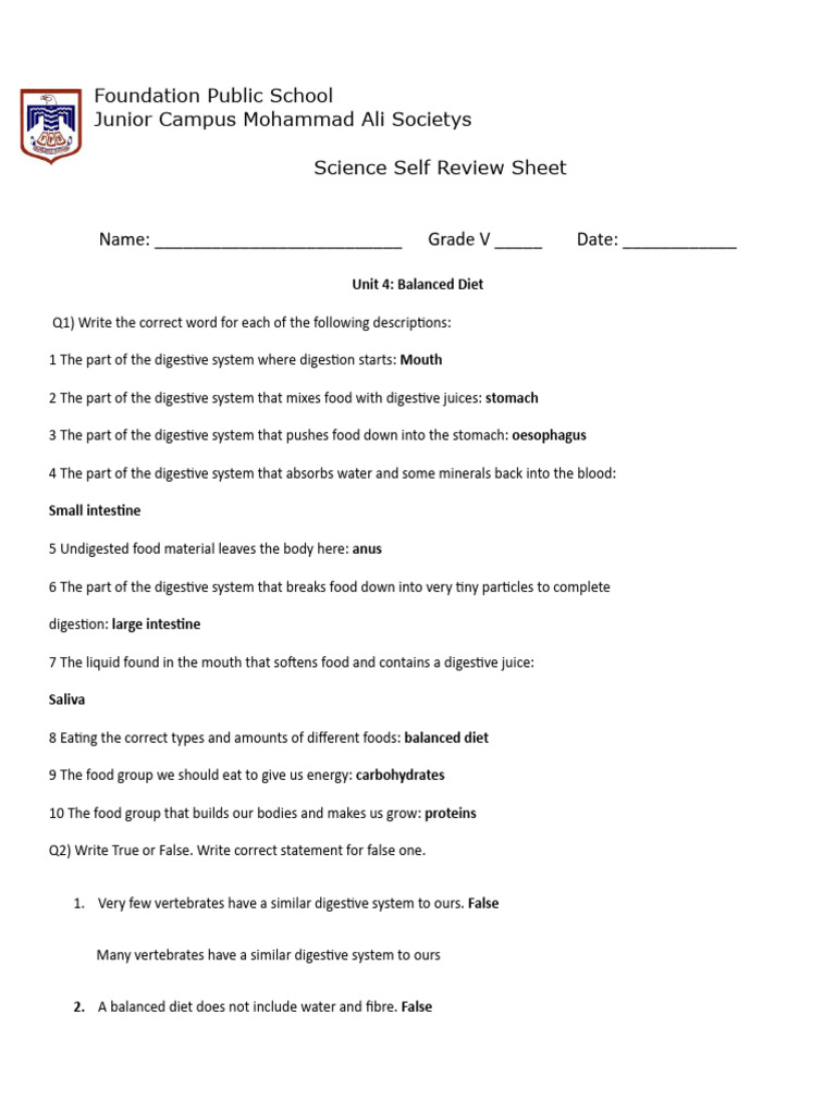 4-Self Review Sheet Unit 4 Answer Key | PDF | Digestion | Foods