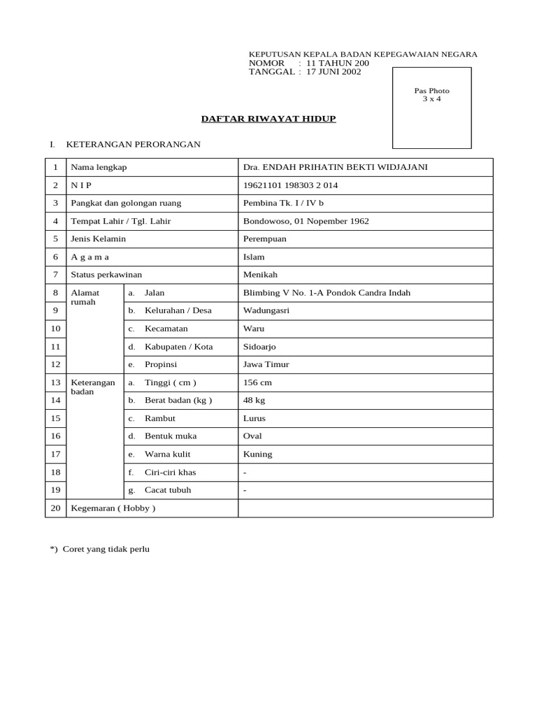 Daftar Riwayat Hidup Bu Endah | PDF