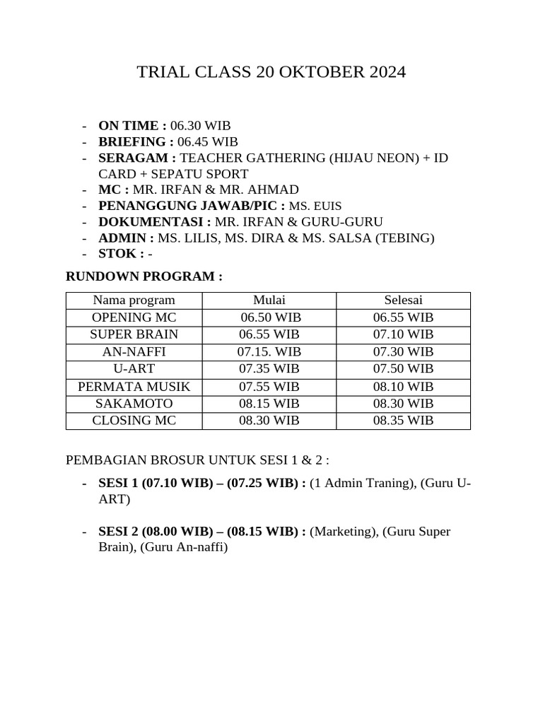 Rundown Trial Class 1 Desember 2024 | PDF