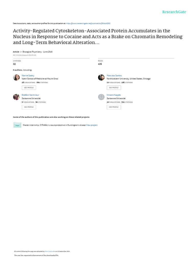 Activity of RCA Protein in The Nucleus in Response To Cocaine and Acts ...