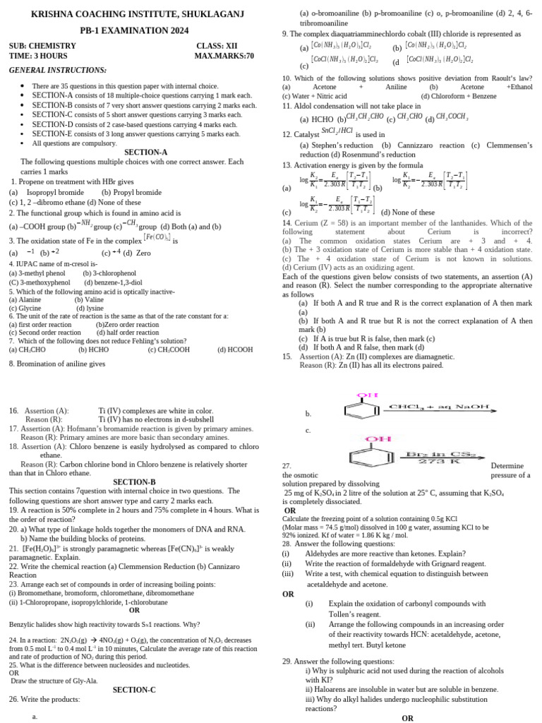 Chem Xii PB-1 Set-A 2024 | PDF | Chemical Reactions | Ketone