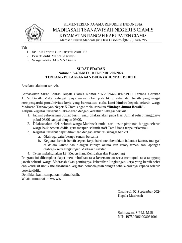 Surat Edaran Jum'at Bersih | PDF