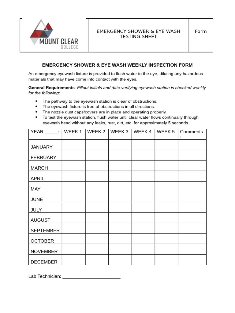 Eyewash Station Weekly Inspection Form | PDF