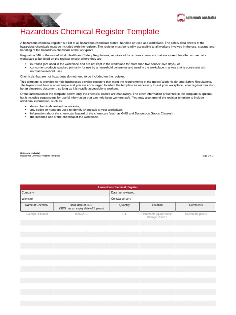 Hazardous Chemical Register Template | PDF | Dangerous Goods | Workplace