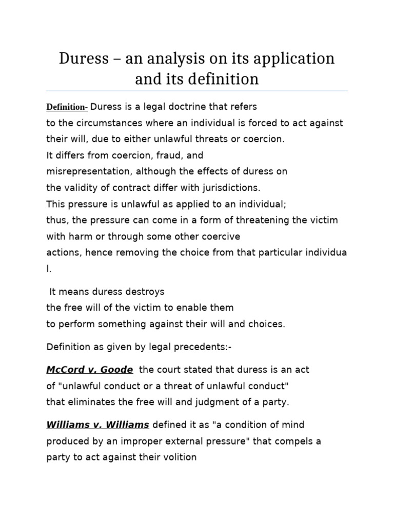 Legal Definition of Duress Explained | PDF | Coercion | Justice