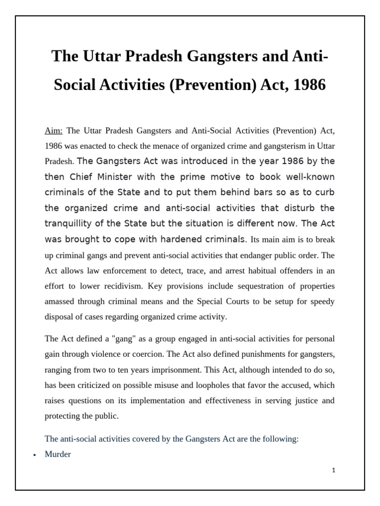 The Uttar Pradesh Gangsters Act 1986 An Analysis | PDF | Crimes | Crime ...