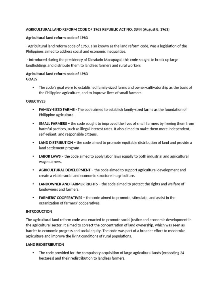 Agricultural Land Reform Code of 1963 Republic Act No | PDF | Leasehold ...
