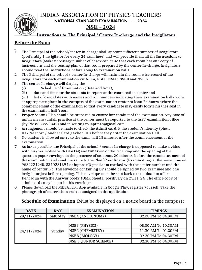 IAPT_NSE_2024_Instructions_to_Invigilators_revised[1] | PDF