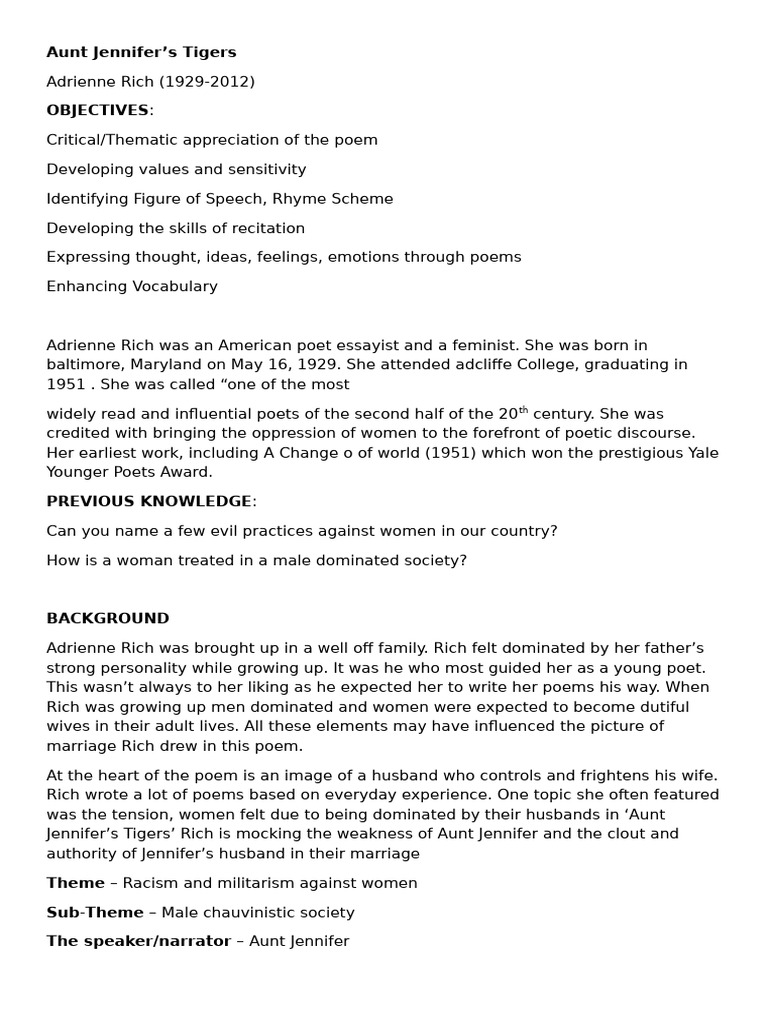 Aunt Jennifer's Tigers. | PDF | Poetry