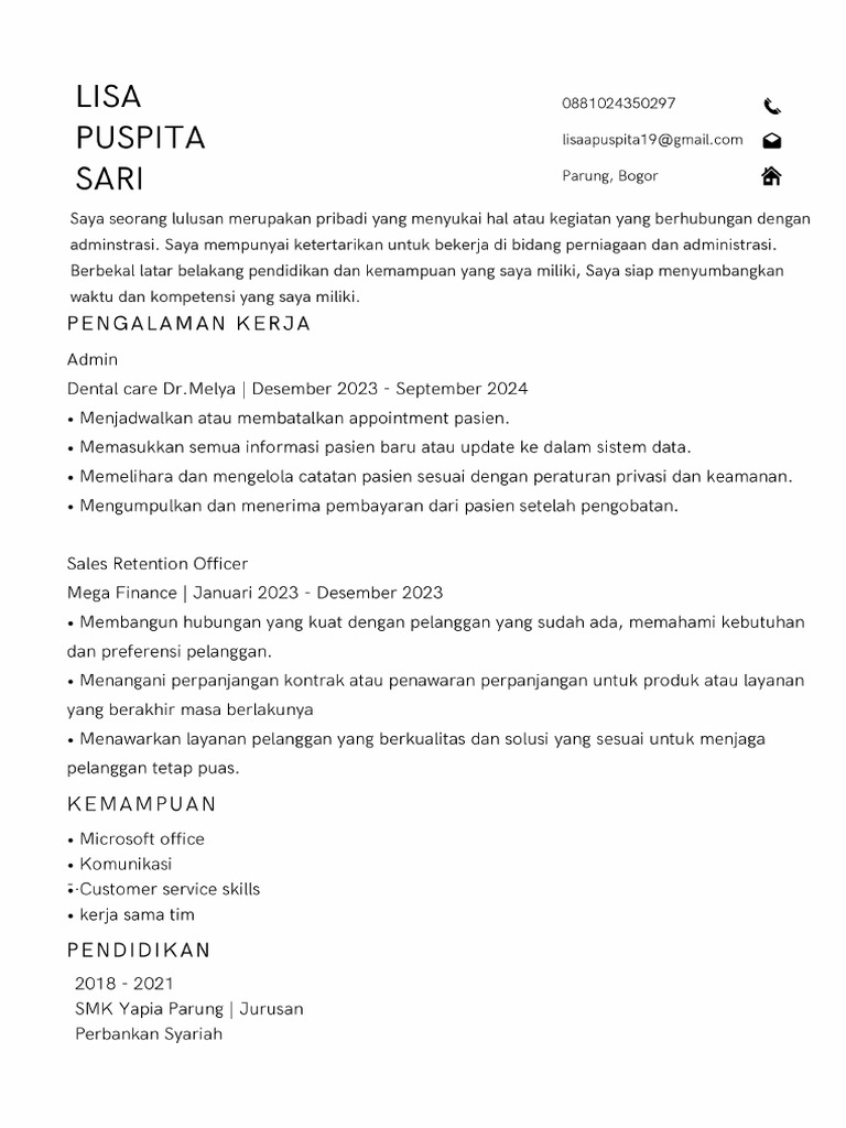 CV Lisa Puspita Sari - Admin | PDF