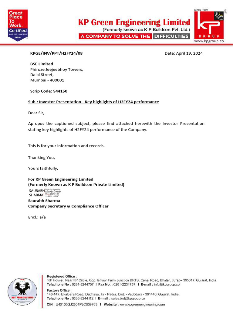 H2FY24 Performance Highlights of KP Green Engineering | PDF | Financial Accounting | Economies
