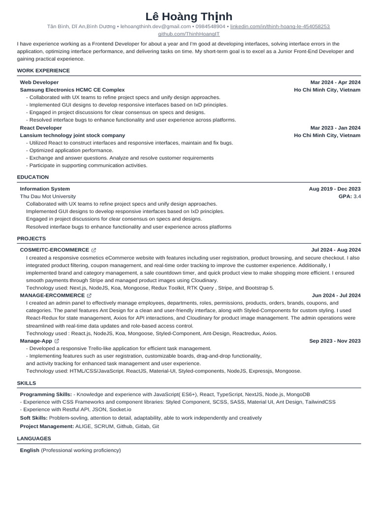 CV Lê Hoàng Thịnh FE Developer | PDF | Computing | Software Engineering