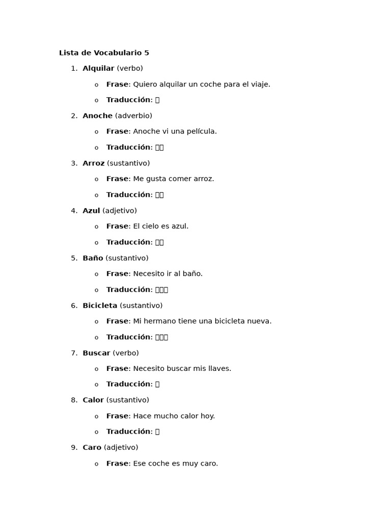 Lista de Vocabulario 5 | PDF | Adjetivo