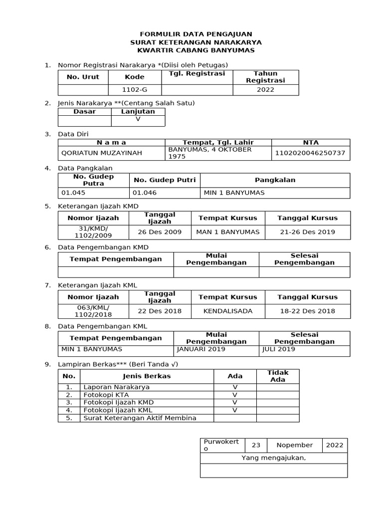 Formulir Data Pengajuan Suket Narakarya-1 | PDF